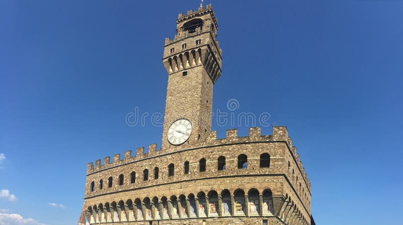 Clock Tower and Embattlements on Palazzo Vecchio in Florence Stock ...