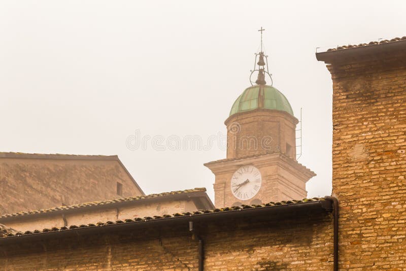 Clock tower in the fog stock image. Image of tower, cross - 131627975