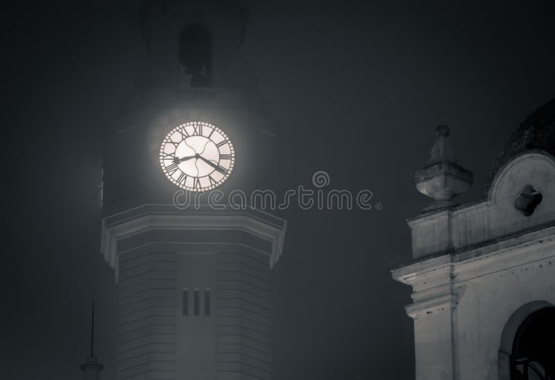 Clock tower in fog stock image. Image of landmark, mayo - 68742859