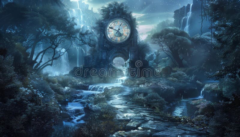A Clock Tower in a Forest with a Water Feature in Front of it by AI ...