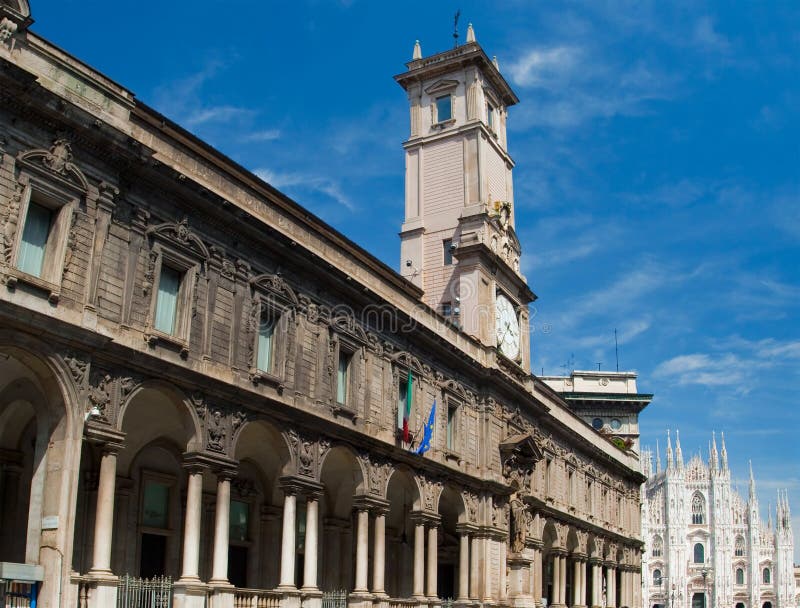 The Clock Tower In Front Of Duomo Cathedral In Milan Stock Photo ...