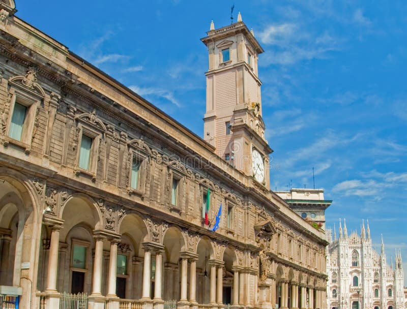 The Clock Tower in Front of Duomo Cathedral in Milan Stock Photo ...