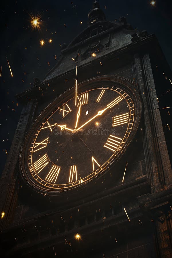 A Clock Tower with Its Hands Replaced by Glowing Shooting Stars. Stock ...