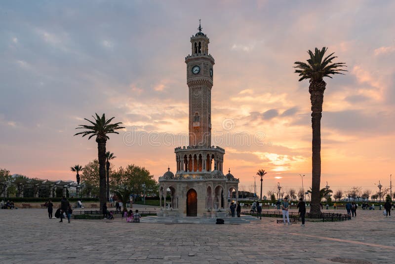Clock Tower of Izmir and Konak Square at Sunset Editorial Photography ...