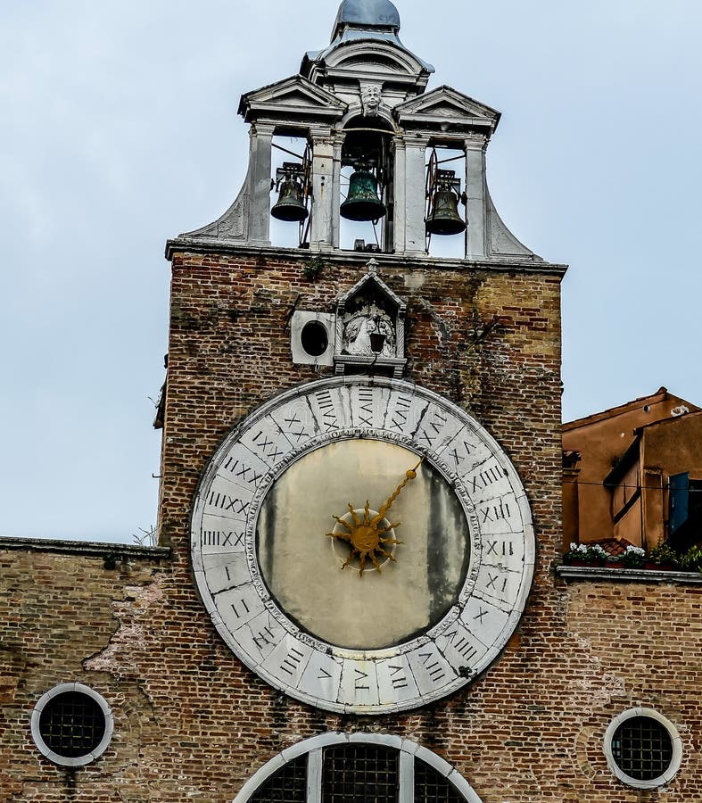 A Clock Tower with a Large Clock Face and a Bell Stock Image - Image of ...