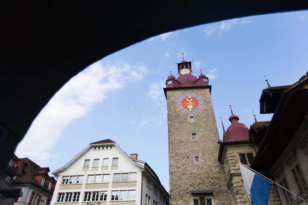 Clock tower in Luzern stock photo. Image of swan, medieval - 59815738