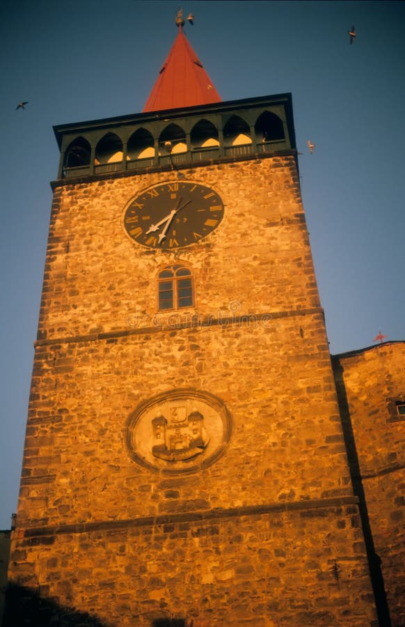 Clock Tower in Main Square, Sunset Stock Photo - Image of hamlet ...