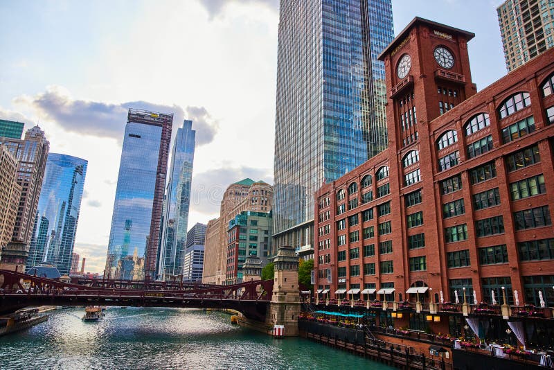 Clock Tower Next To Chicago Ship Canal River with Bridge and ...