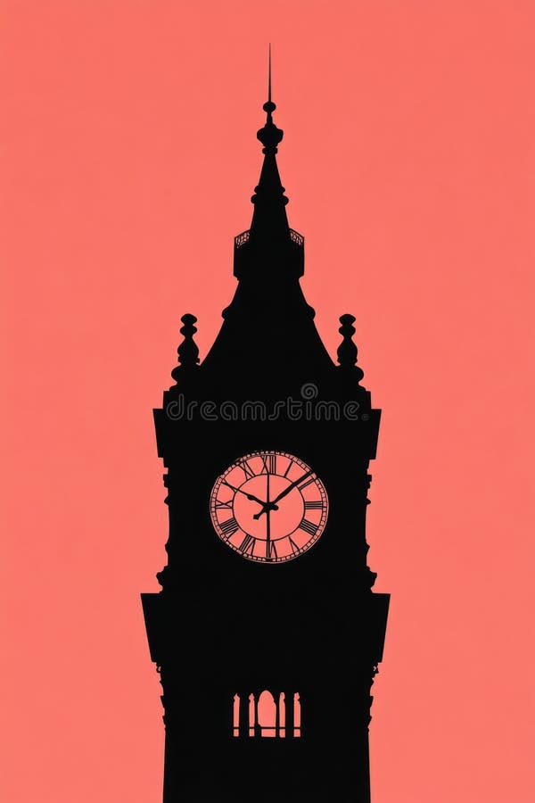 Clock Tower Silhouette on Coral Background Design Stock Illustration ...