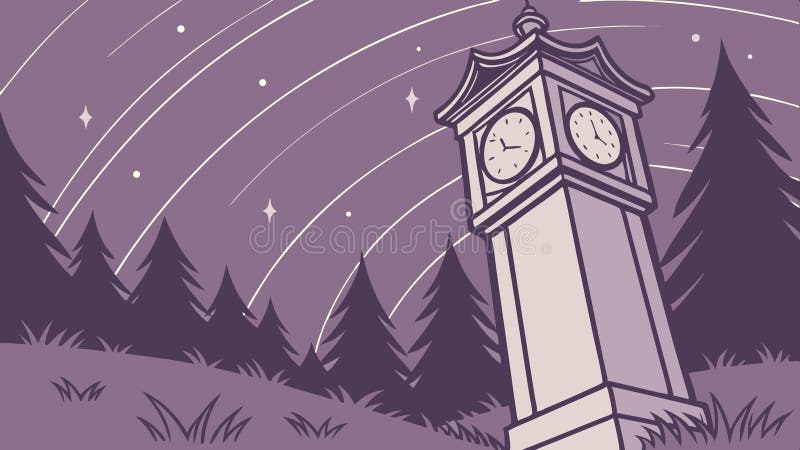 Clock Tower in Starry Mountain Landscape, Cosmic Timepiece, Vector ...