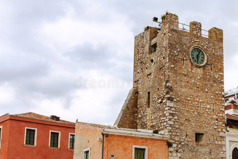 Clock Tower on 9th of April Square in Taormina Stock Photo - Image of ...