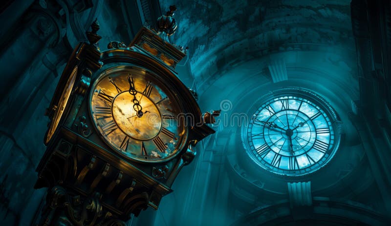 A Clock Tower with Two Clocks on it in a Dark Room Stock Photo - Image ...