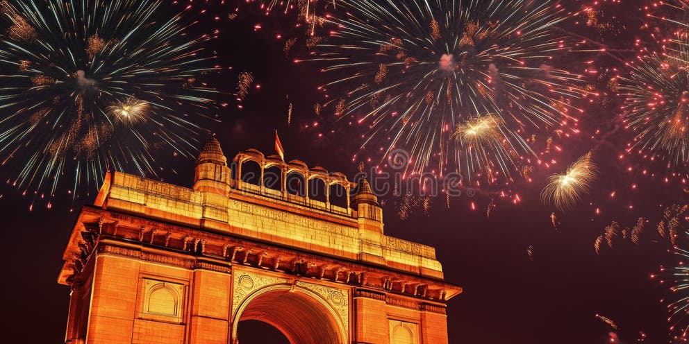 A Clock Tower with Vibrant Fireworks Exploding in the Night Sky Stock ...