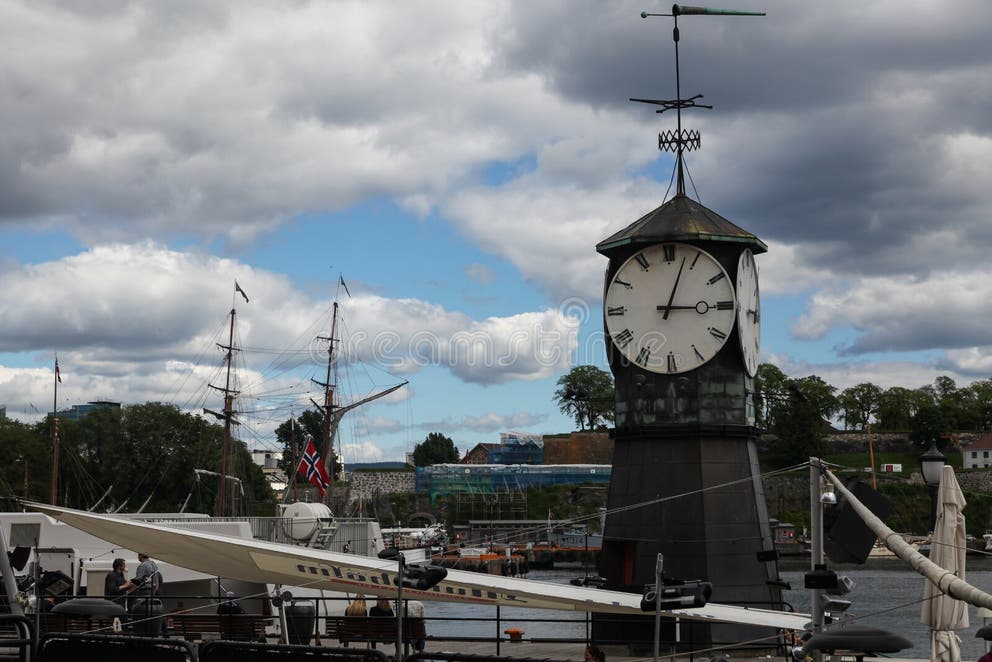 Clock Tower on the Waterfront of Oslo Editorial Stock Image - Image of ...