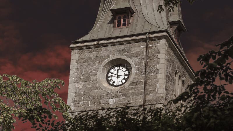 The Midnight on Tower Clock Stock Photo - Image of numerals, black ...