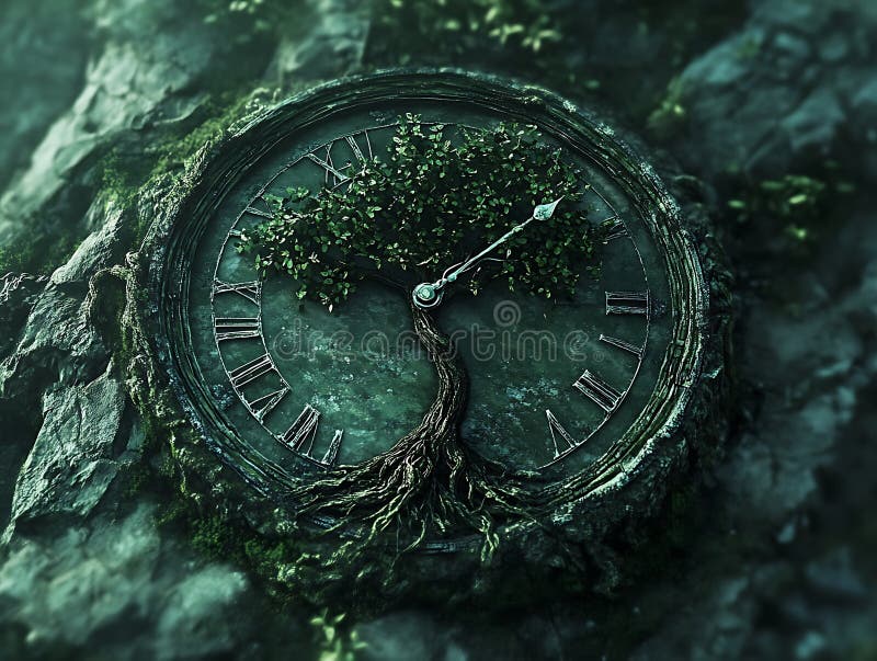 Clock with Tree, Intricate Design, Green Tones, Mystical Atmosphere ...