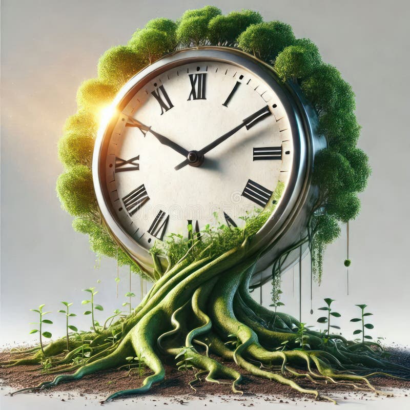 A Clock that Turns into a Tree, with Roots and Leaves. Stock Image ...