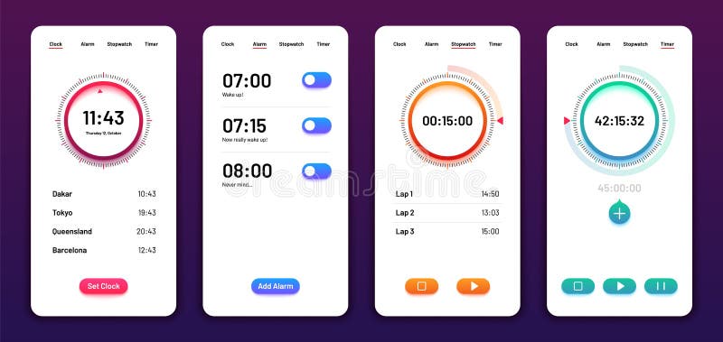 Clock User Interface. Alarm Stopwatch Timer Ui Mobile Phone Stock ...