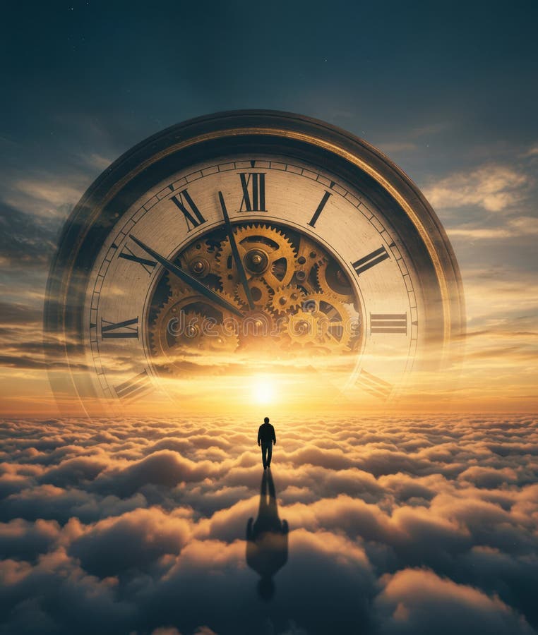 Clock Vintage, Man Walking on Clouds Time Travel Concept , Outdoors ...