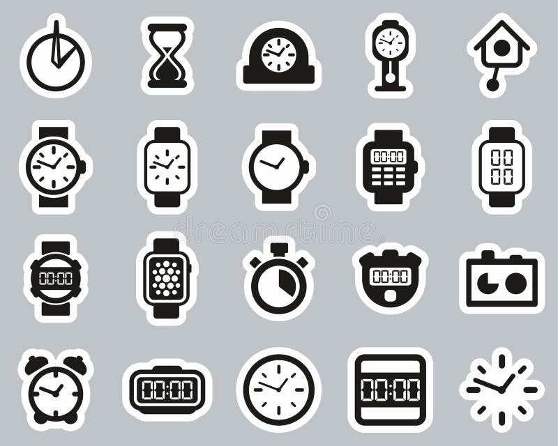 Clock or Watch Icons Black & White Sticker Set Big Stock Vector ...