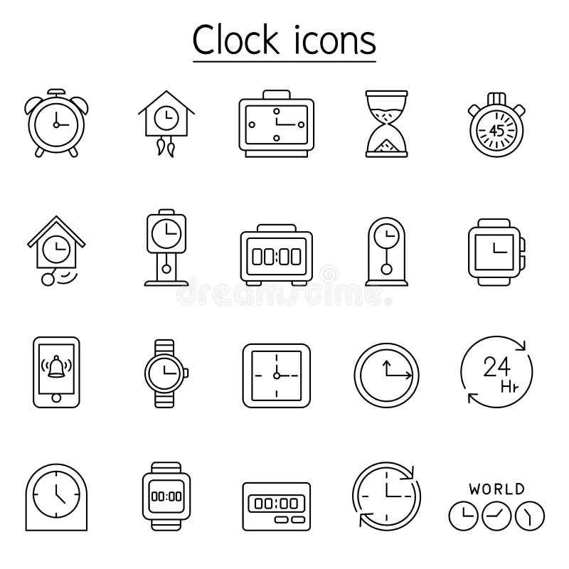 Clock, Watch, Stopwatch Icon Set in Thin Line Style Stock Illustration ...
