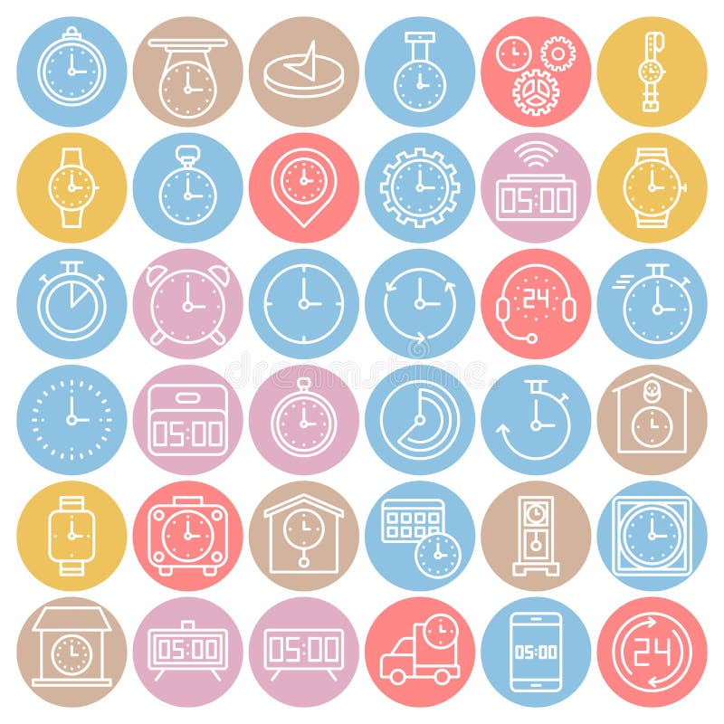 Clock, Watches and Time Related Icon Set, Bold Line in Circle Stock ...