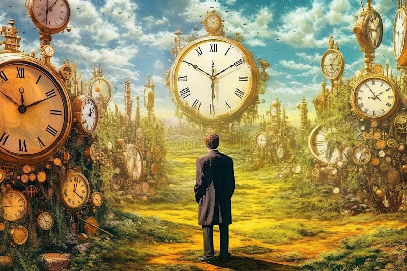 In the Clock World. Man Silhouette Surrounded by Clocks Stock ...