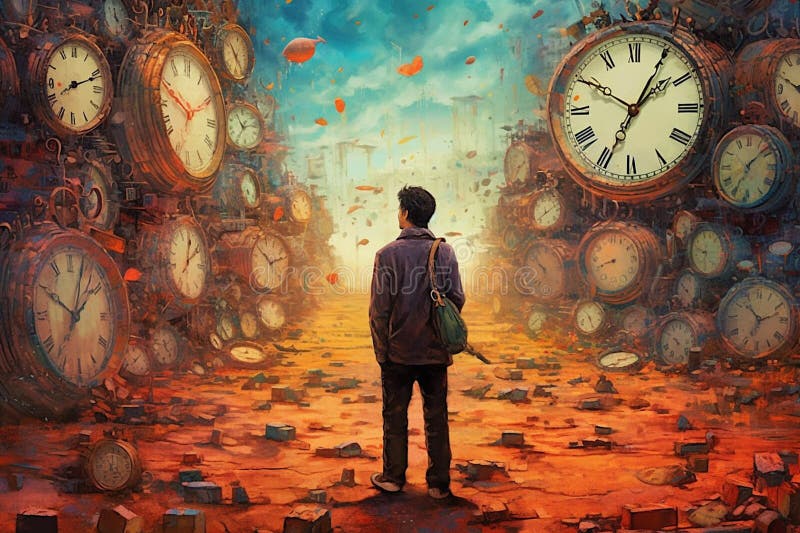 In the Clock World. Man Silhouette Surrounded by Clocks Stock ...