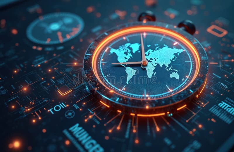 Clock with World Map Showing Effective Time Management. Tech Industry ...