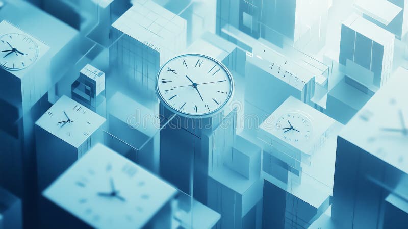 Many Clocks Showing Different Times in Abstract Cityscape Suggesting ...