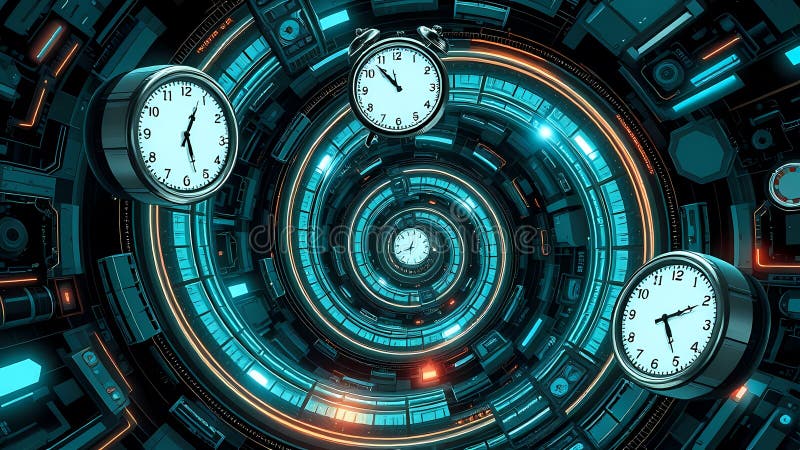 Floating Clocks in a Time Tunnel with Futuristic Technology Background ...