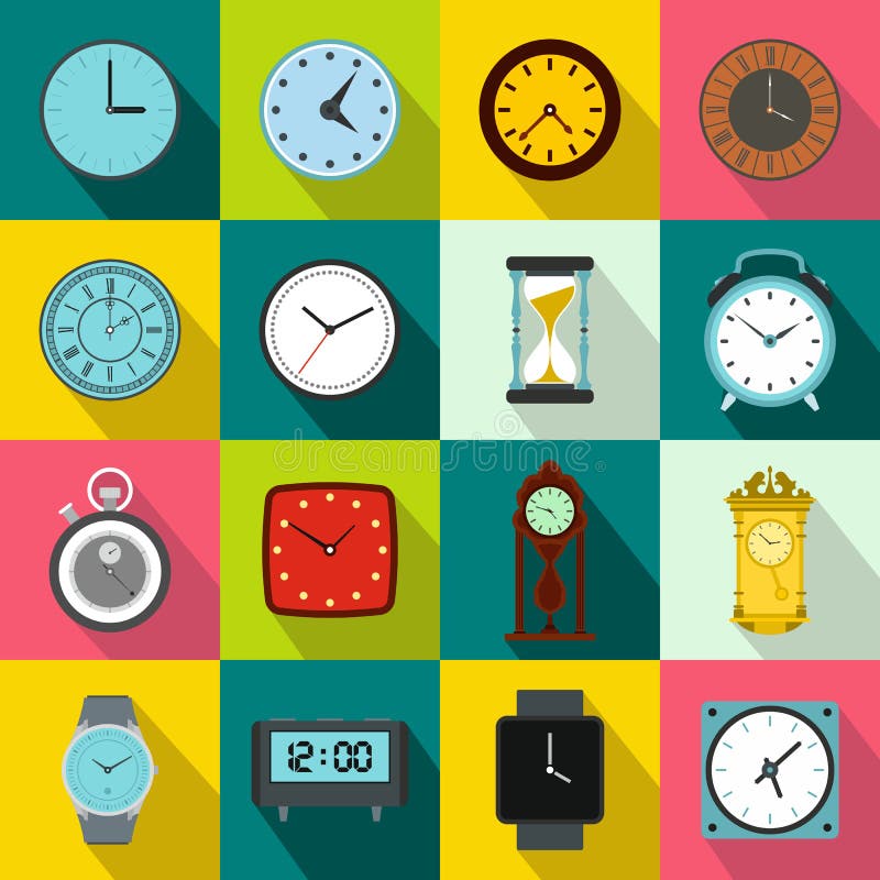 Clocks Icons Set, Flat Style Stock Vector - Illustration of pictogram, face: 85983324