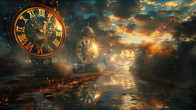Clocks River of Time Multiple Clockfaces Roman Numerals Stock ...