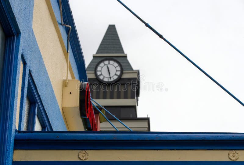Clocktower Over Blue and Beige Wall in Bellingham Stock Photo - Image ...