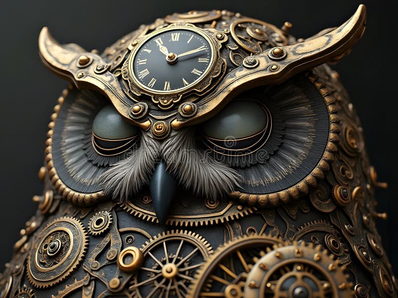 Clockwork Automation Style Abstract Artwork Sleeping Owl with Black and ...