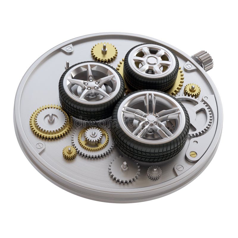 Clockwork with Car Wheels Isolated on White Background. Stock ...