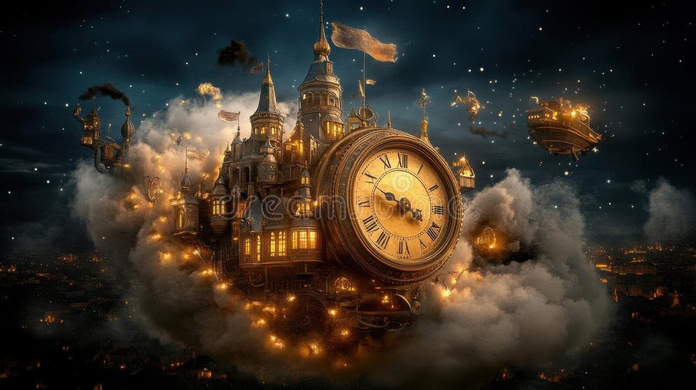 Clockwork Castle in the Clouds Stock Illustration - Illustration of ...