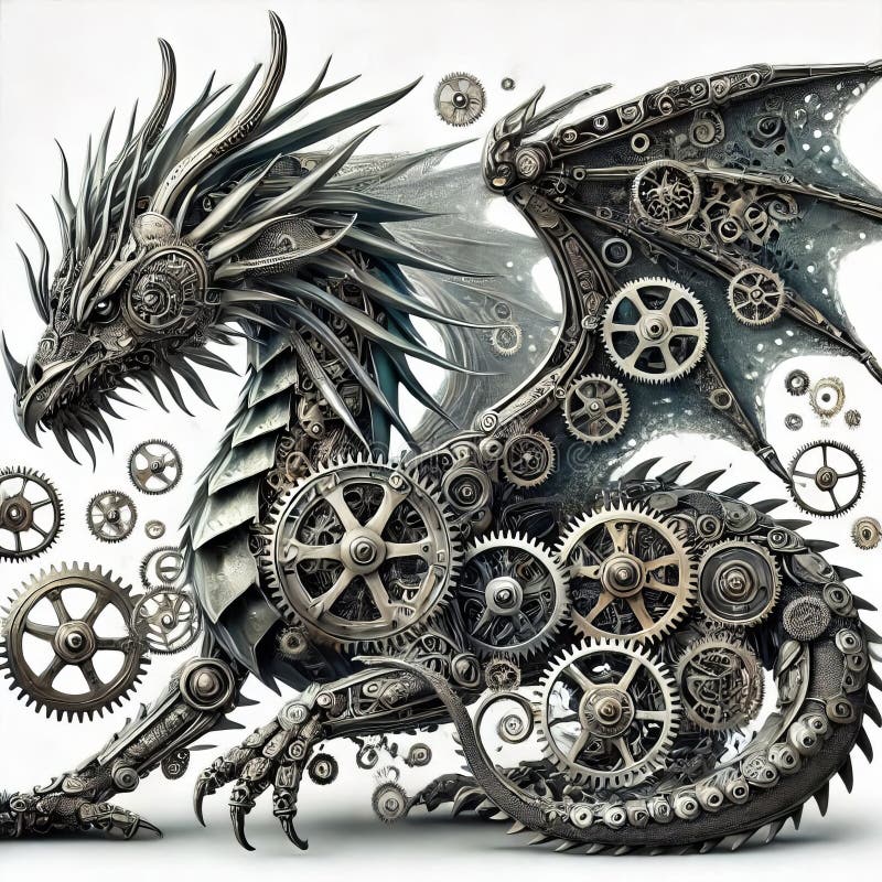 Clockwork Dragon Fantasy Creature with Metallic Scales and Cogs Stock ...