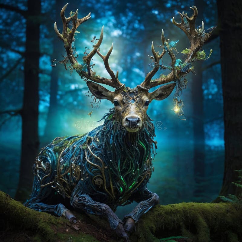 Clockwork Forest with Bioluminescent Fungi and Mechanical Stag at ...
