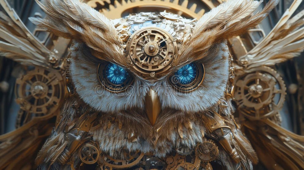 Clockwork Owl with Glowing Blue Eyes Stock Illustration - Illustration of blue, mysterious ...