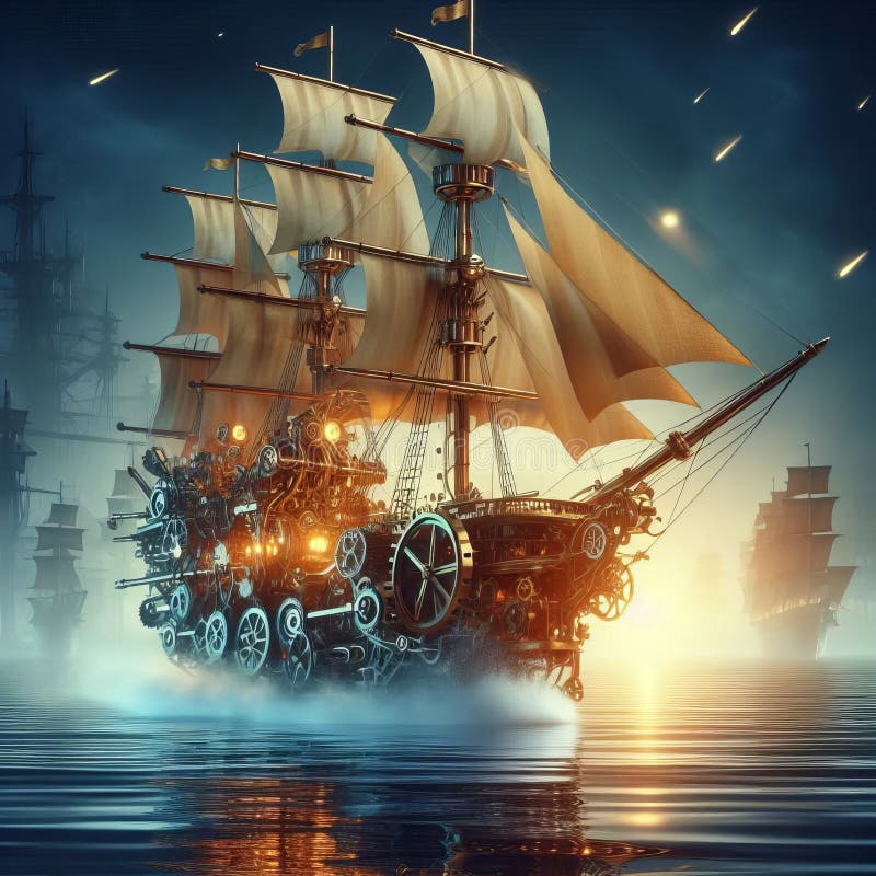 Clockwork Robot Ship a Ship with Clockwork Mechanisms Sailing Th Stock Illustration ...
