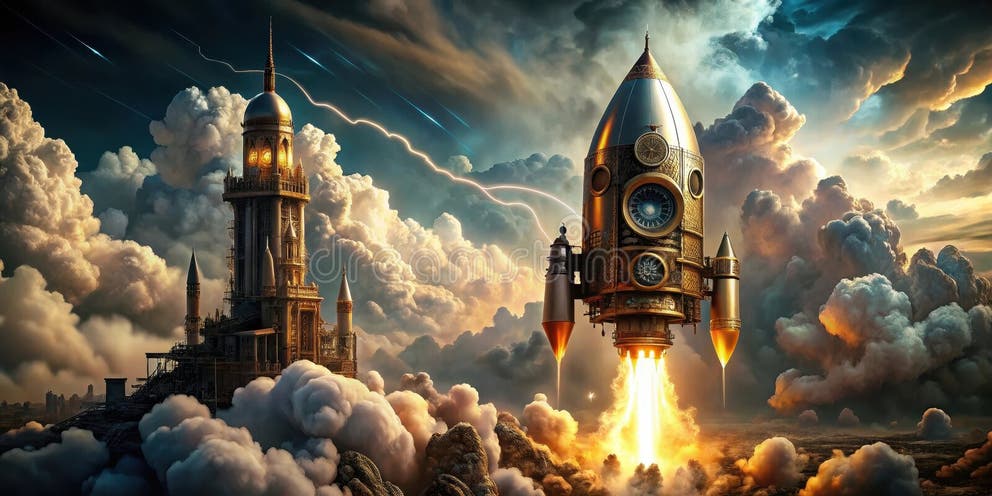 A Clockwork Rocket Launches from a Cloud-shrouded, Steampunk Castle ...