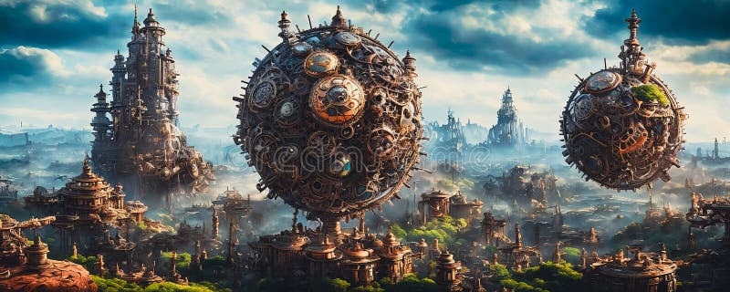 Clockwork Steampunk Planet that Blends Fantasy and Machinery, Featuring ...