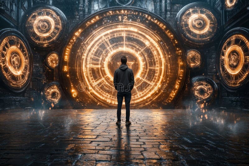 A Clockwork World in Which Time Passes by Way of an Ethereal Man Stock ...