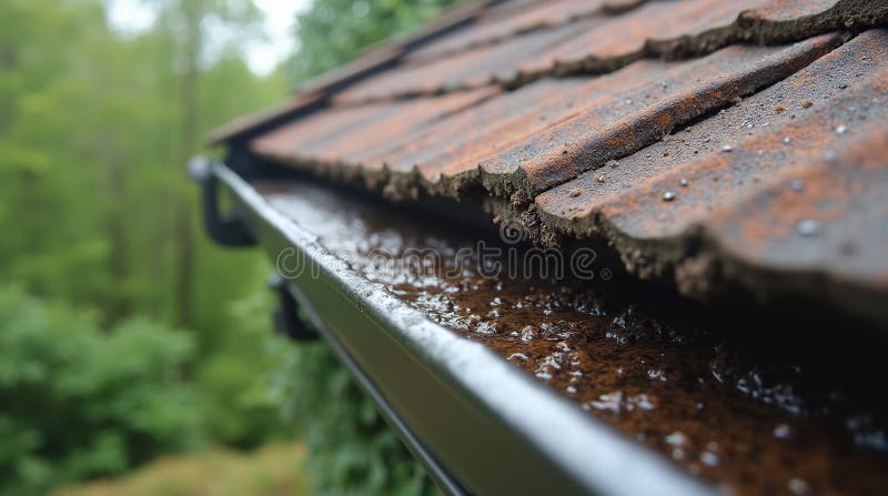 Clogged Roof Gutters Causing Water Overflow and Potential Damage Stock ...