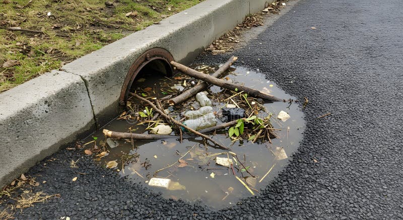 Clogged Storm Drain Overflowing with Debris and Trash on Roadside Stock ...