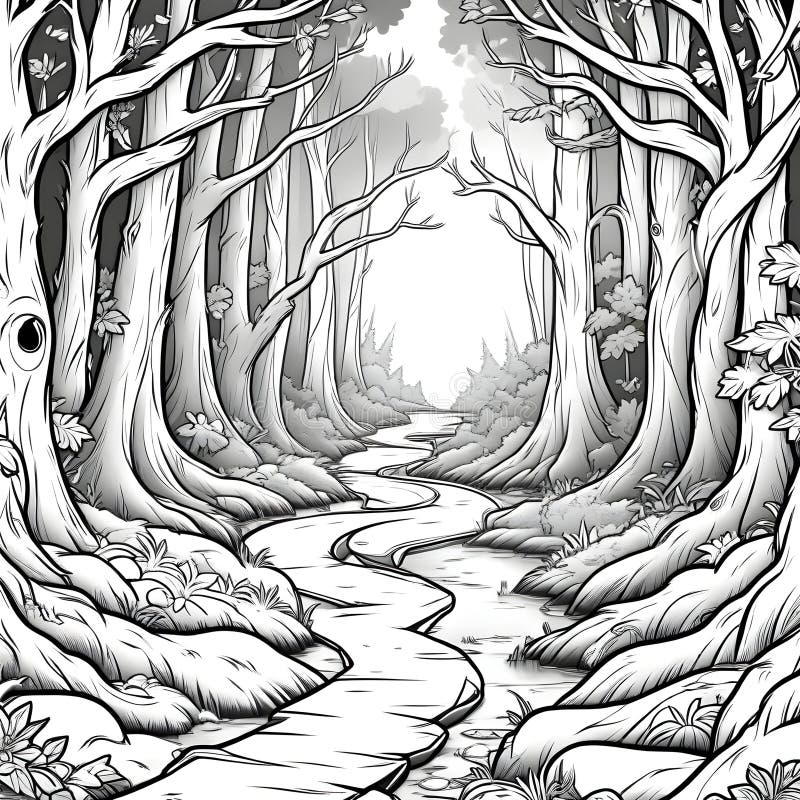 A Cloring Page of a Halloween Forest Path with a Path that Has a Light ...