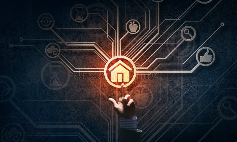 Close of Businessman Hand Showing at User Interface Glowing on Wall ...