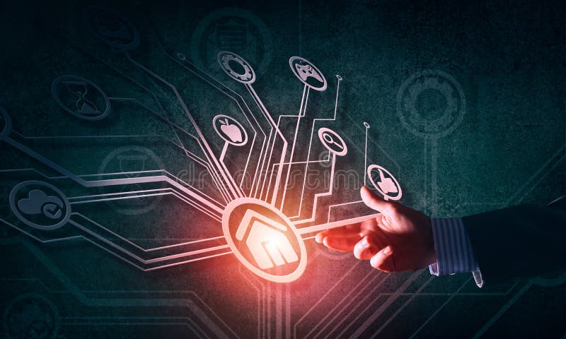 Close of Businessman Hand Showing at User Interface Glowing on Wall ...