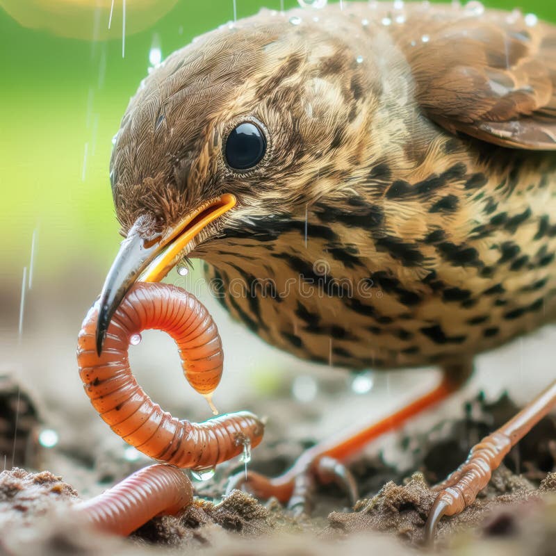 Close Encounter with a Bird Catching a Worm in the Rain at a Garden ...